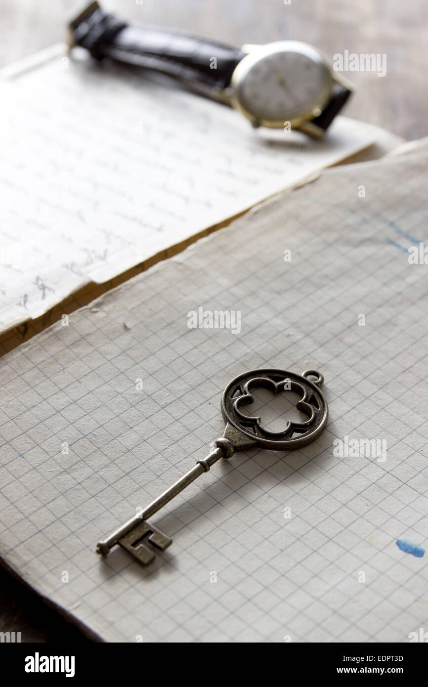 old book and a brass key on a vintage surface, close up Stock Photo - Alamy