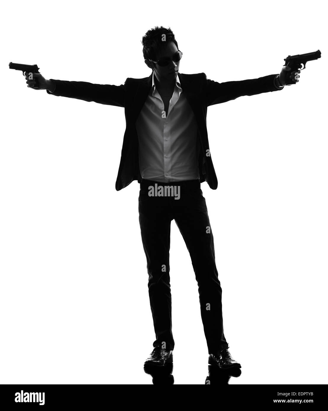 one asian gunman killer standing in silhouette isolated white ...