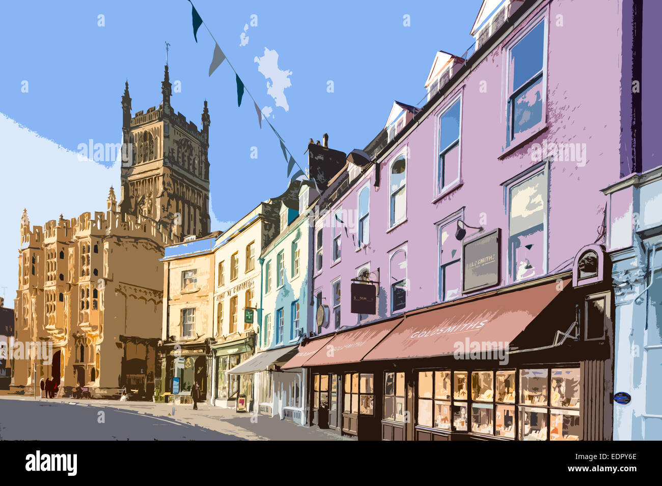A poster style illustration of Cirencester and the church of St. John ...