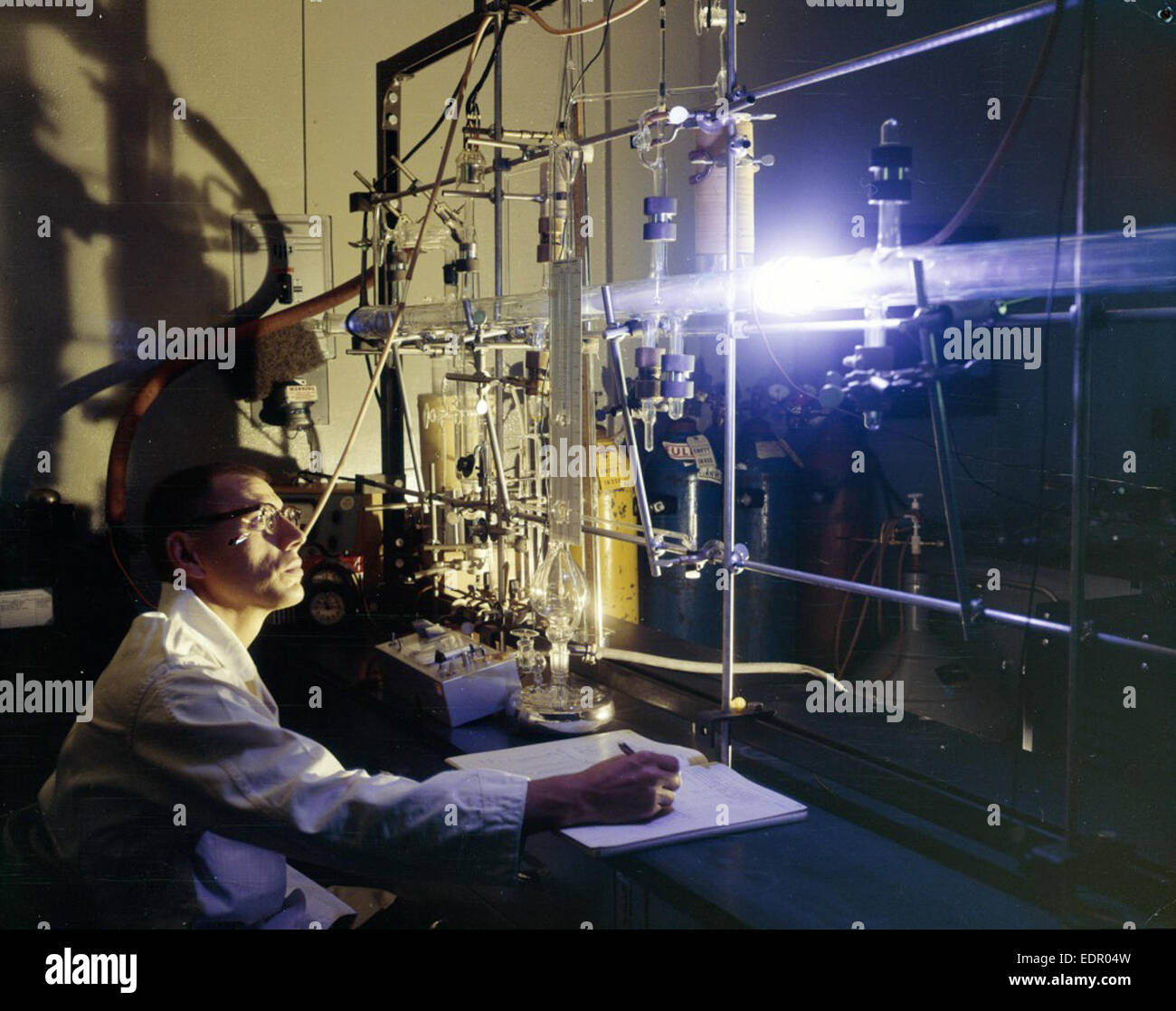 Photograph documenting a laboratory test setup for liquid oxygen flow ...