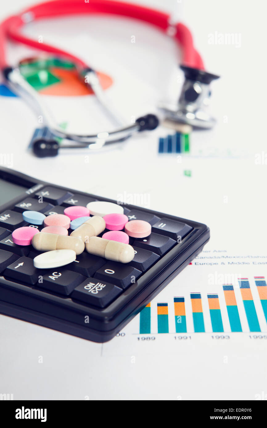 Stethoscope with financial statement, calculator, drugs Stock Photo - Alamy