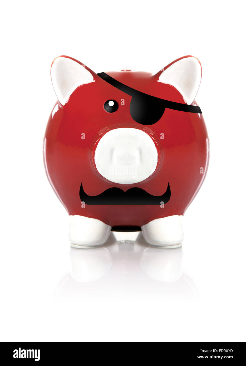 Pirate piggy bank with eye patch looking at camera on white background ...