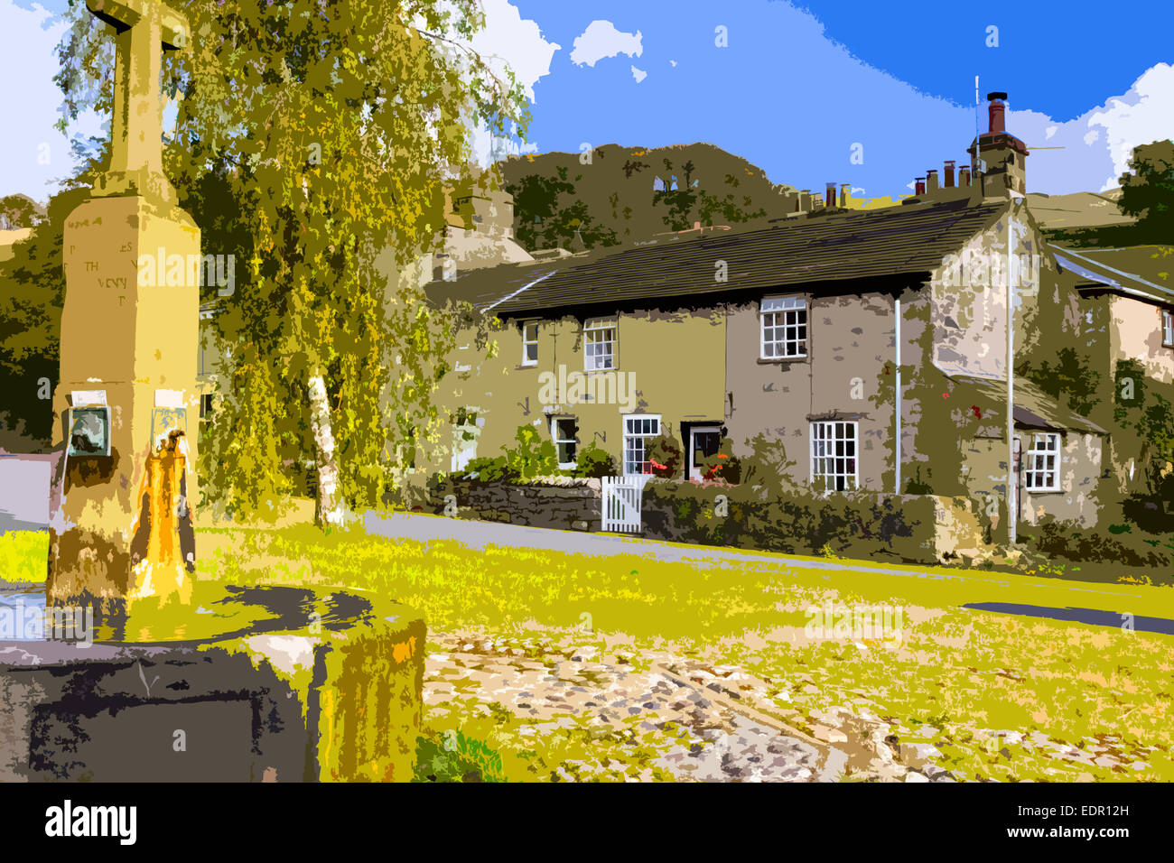 A poster style illustration of Langcliffe near Settle,Yorkshire Dales ...