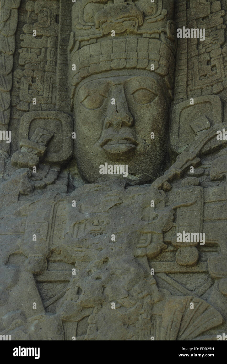 Tall, carved standing stones in the Mayan ruins at Quirigua, Guatemala ...
