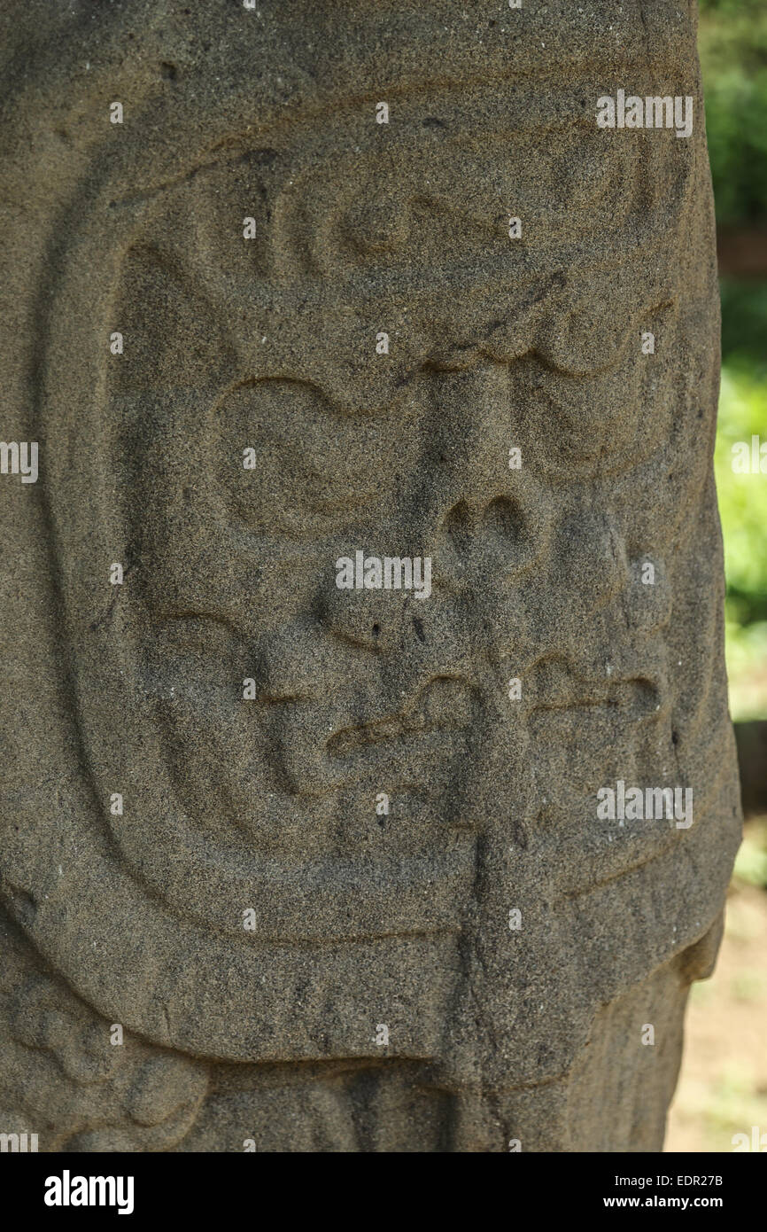 Tall, carved standing stones in the Mayan ruins at Quirigua, Guatemala ...