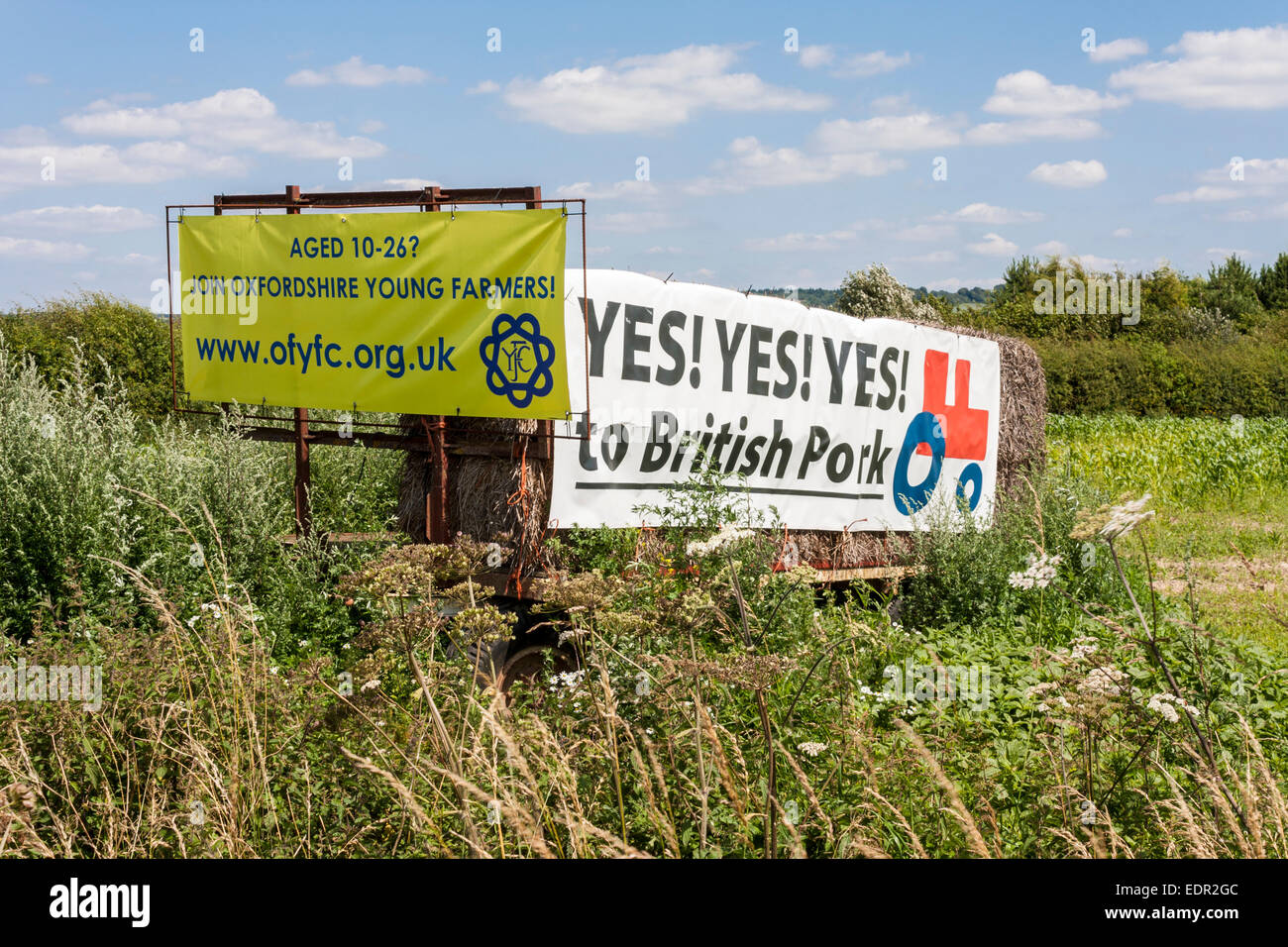 The red tractor symbol on a banner promoting British pork in a farmer's ...