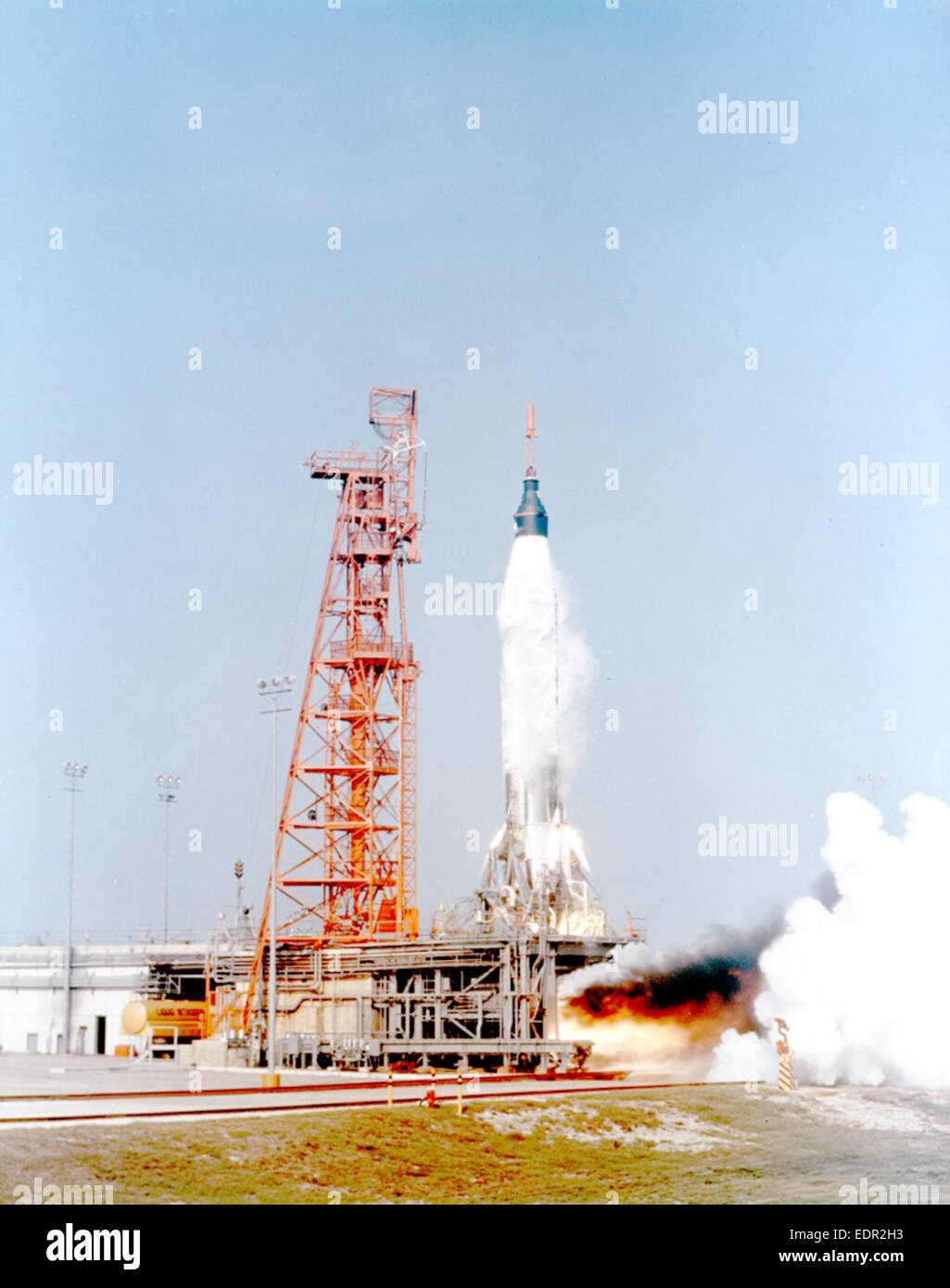 This image captures the launch of the Mercury-Atlas rocket, part of the ...