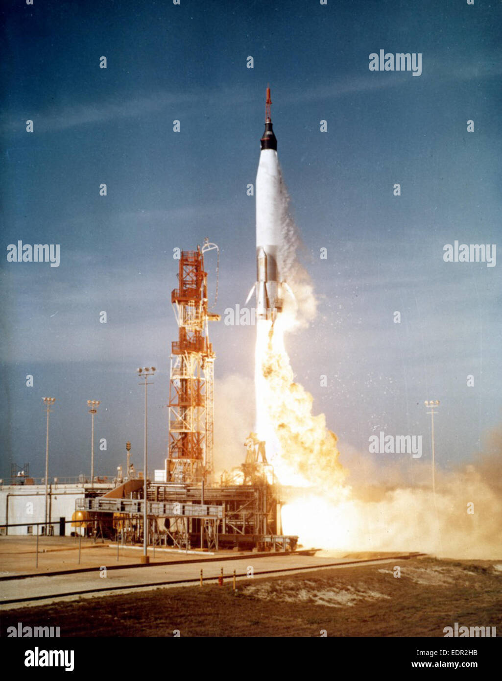 The image depicts the Mercury-Atlas launch, a key event in the early ...