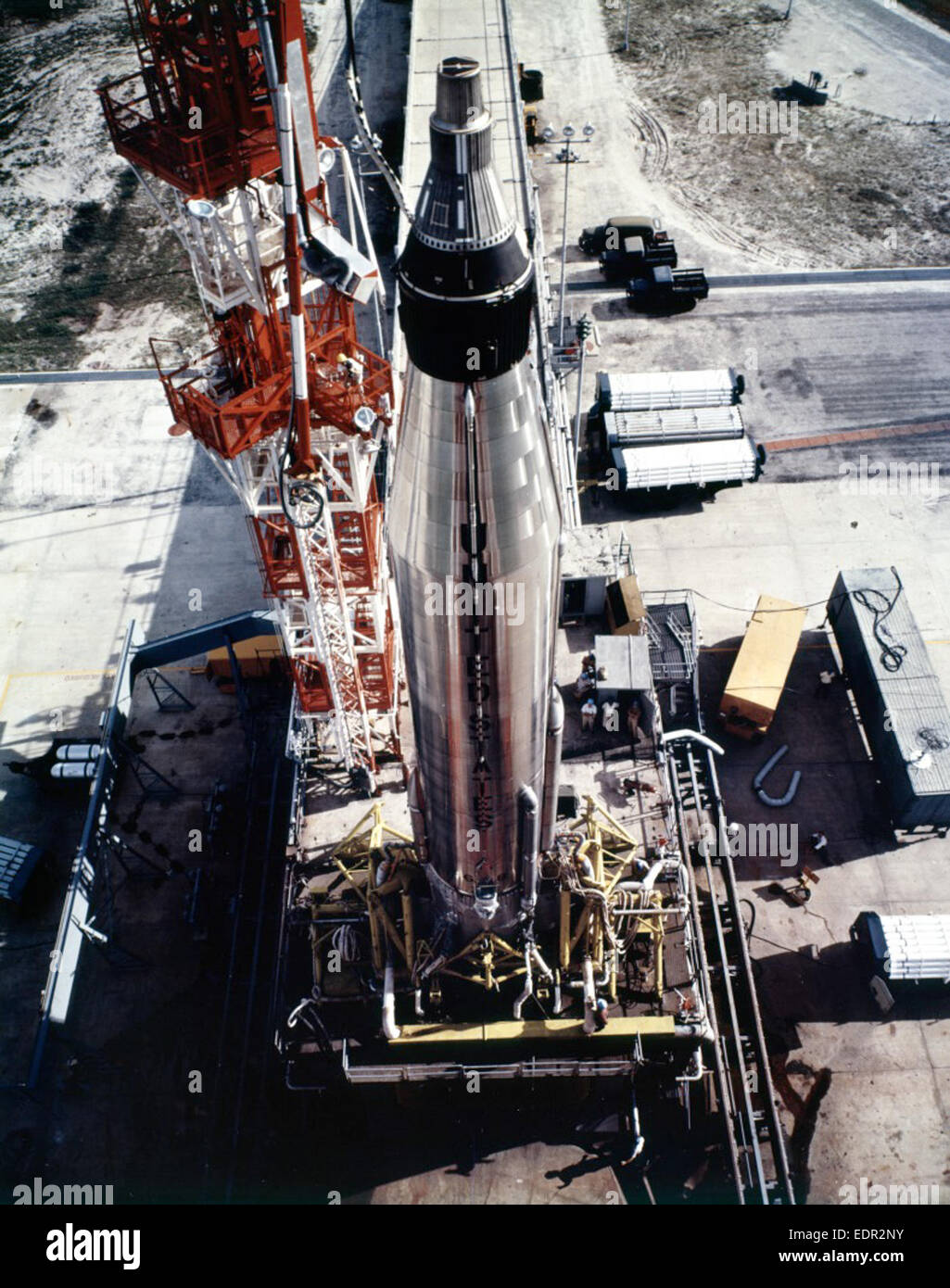 This photo shows the Mercury-Atlas rocket undergoing a static test on ...