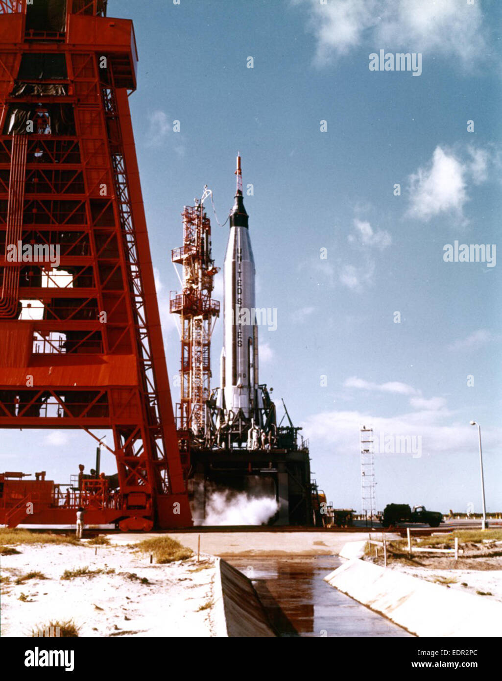 This photo shows the prelaunch phase of the Mercury-Atlas 88D rocket at ...