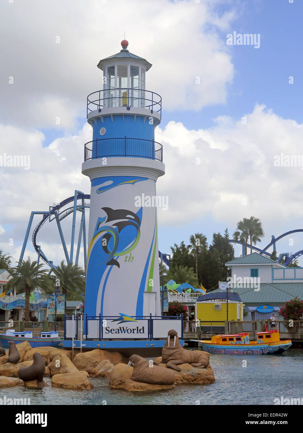 The lighthouse at the lagoon at the entrance to Seaworld, Orlando ...