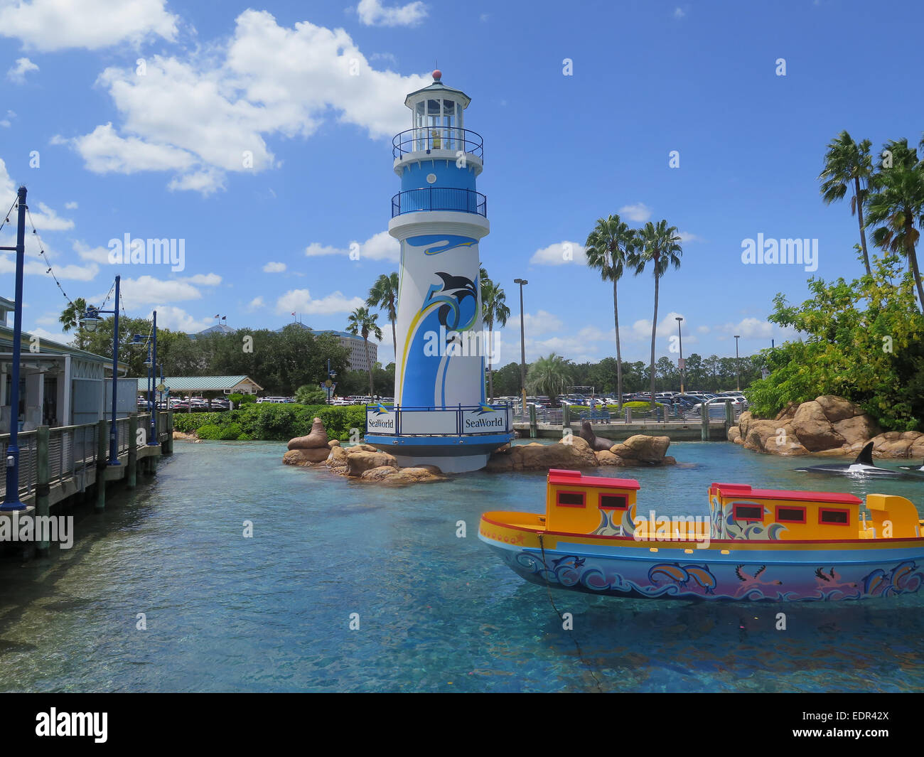 The lighthouse at the lagoon at the entrance to Seaworld, Orlando ...