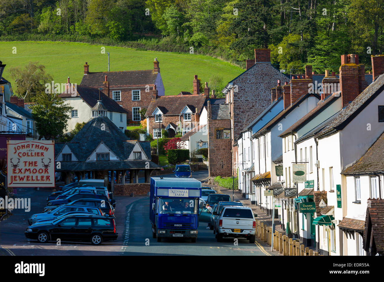 Motoring in a horsebox lorry through the old town of Dunster, in ...