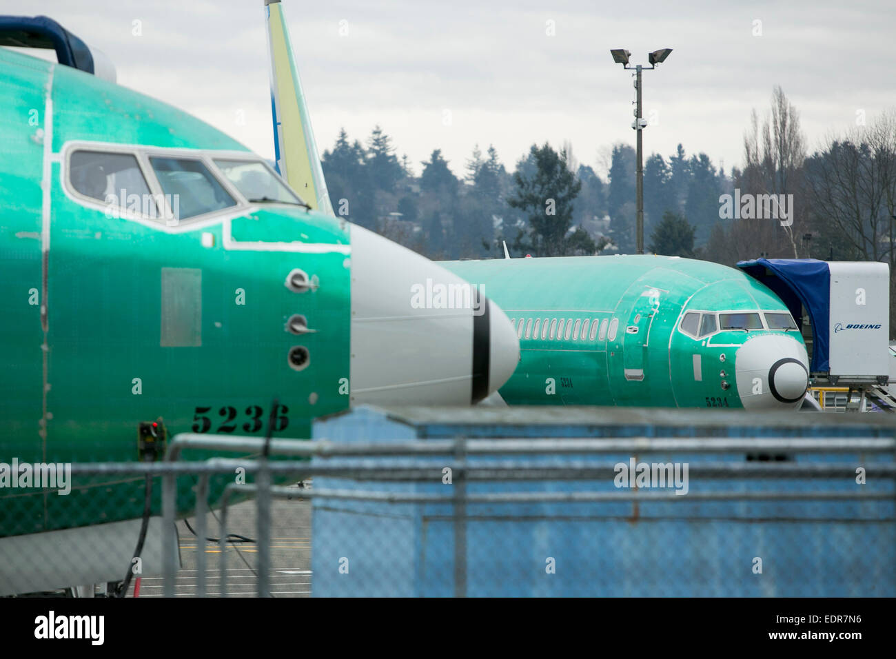 Boeing 737 aircraft await painting at the Boeing Renton Factory, where ...