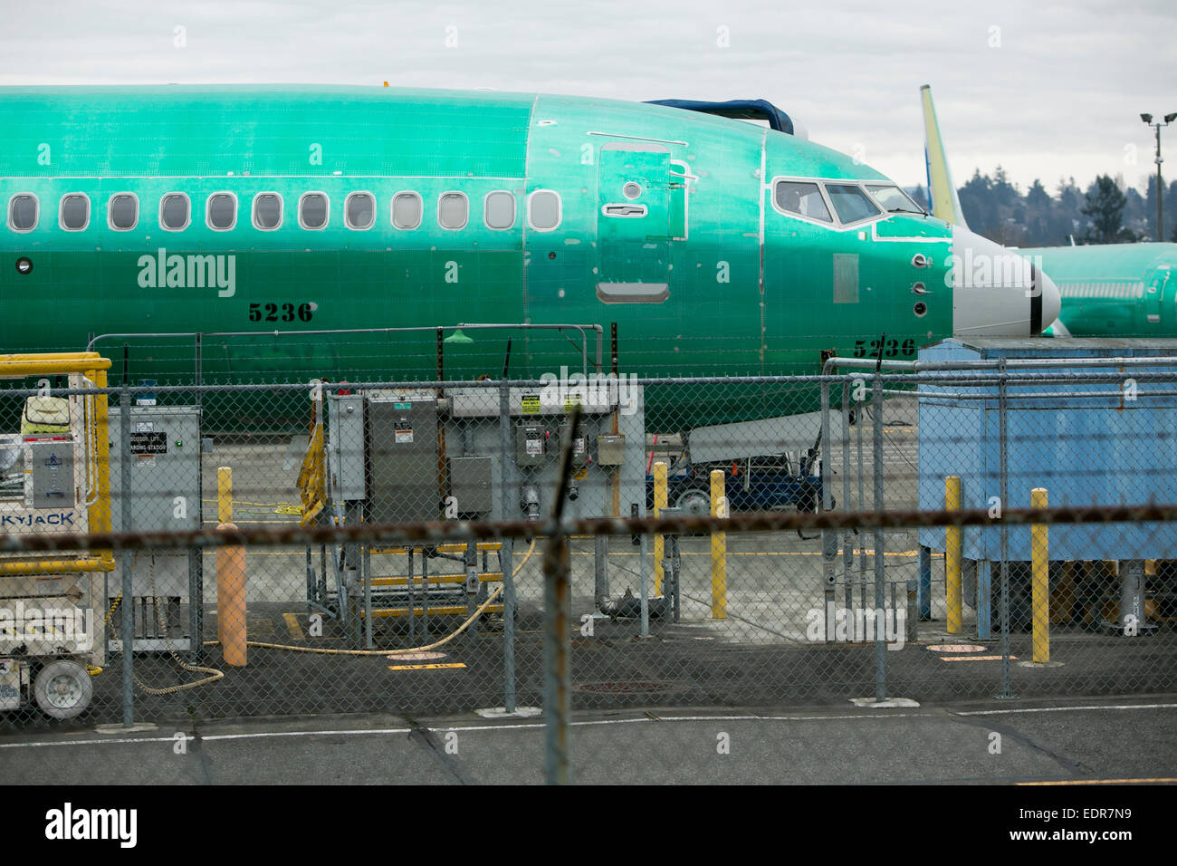 Boeing 737 aircraft await painting at the Boeing Renton Factory, where ...