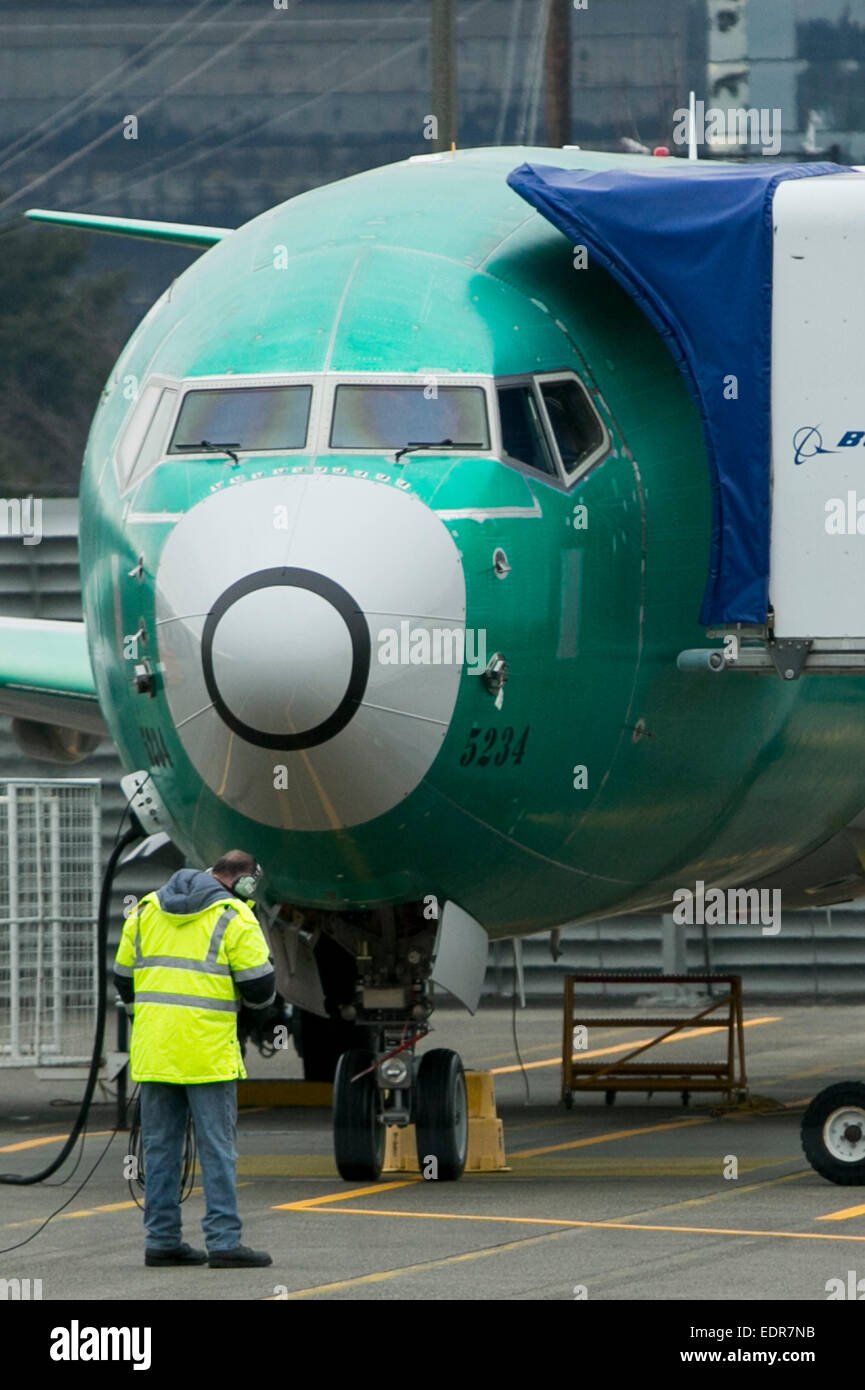 Boeing 737 aircraft await painting at the Boeing Renton Factory, where ...