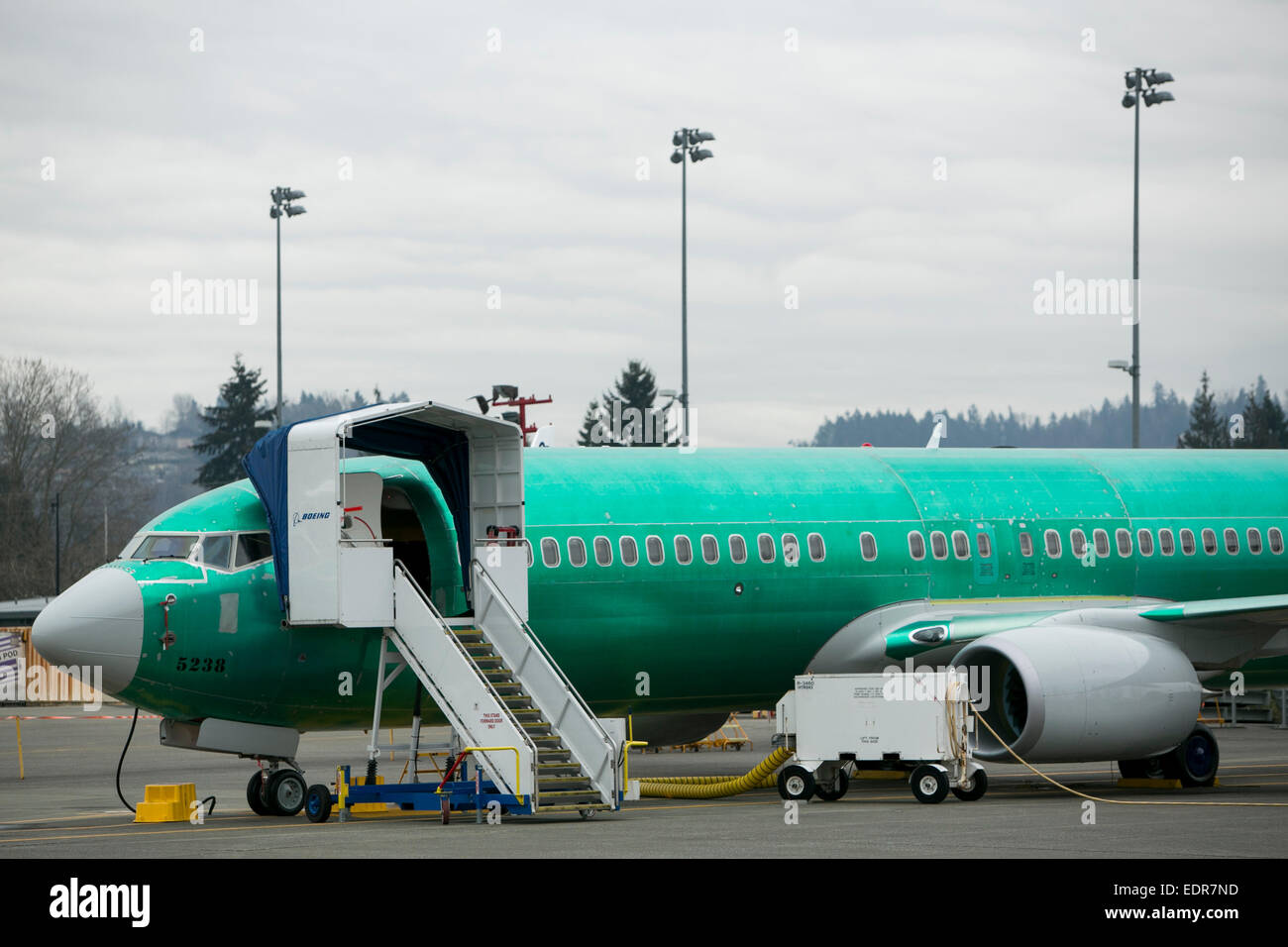 Boeing 737 aircraft await painting at the Boeing Renton Factory, where ...