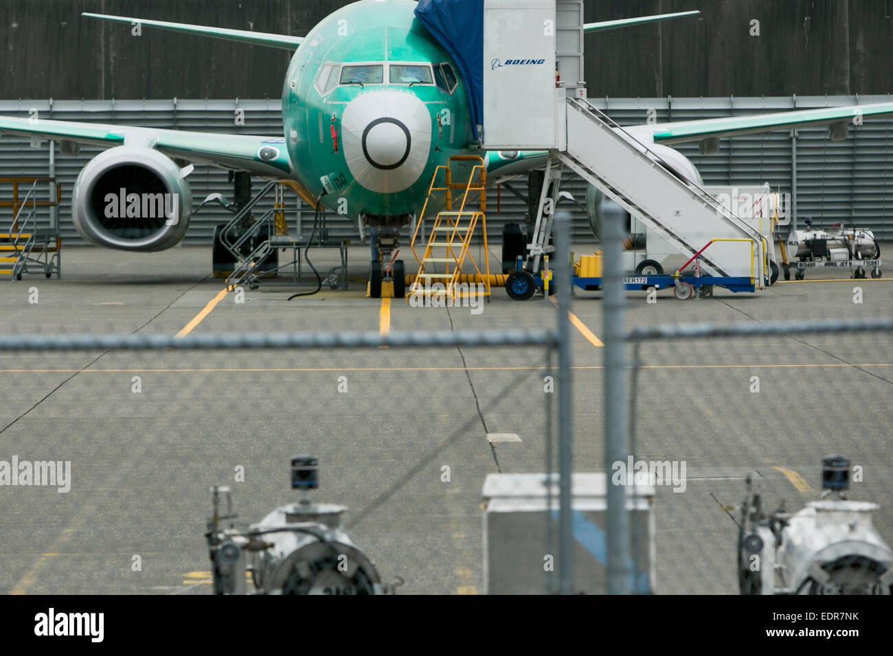 Boeing 737 aircraft await painting at the Boeing Renton Factory, where ...