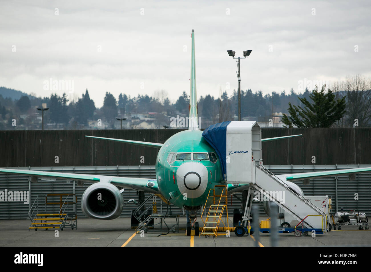 Boeing 737 aircraft await painting at the Boeing Renton Factory, where ...