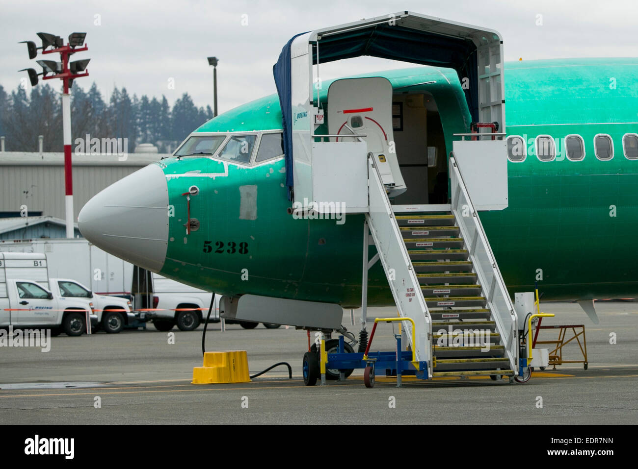 Boeing 737 aircraft await painting at the Boeing Renton Factory, where ...