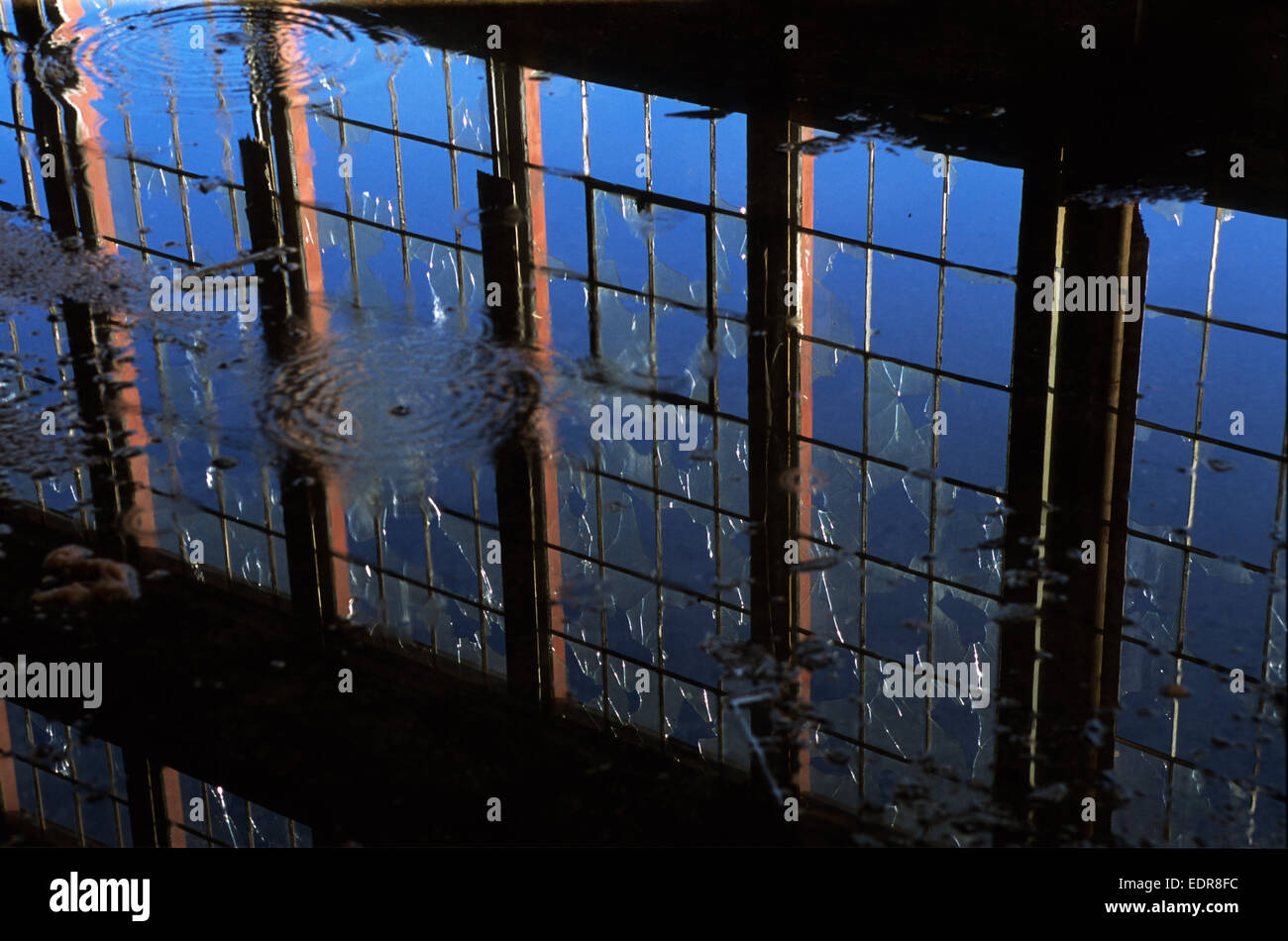Reflexion of broken windows in a puddle of watyer Stock Photo - Alamy