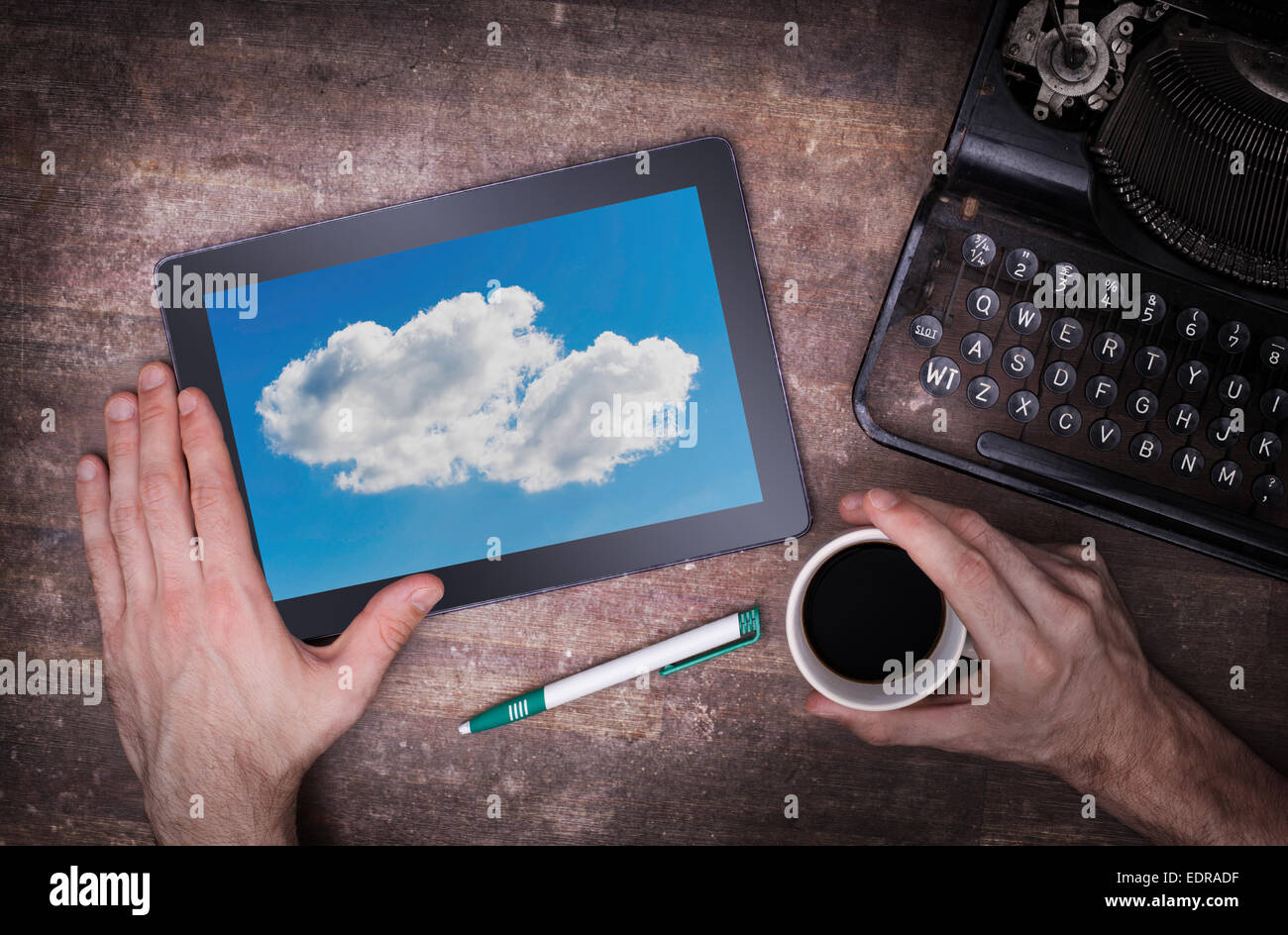 Cloud-computing connection on a digital tablet pc, vintage setting ...