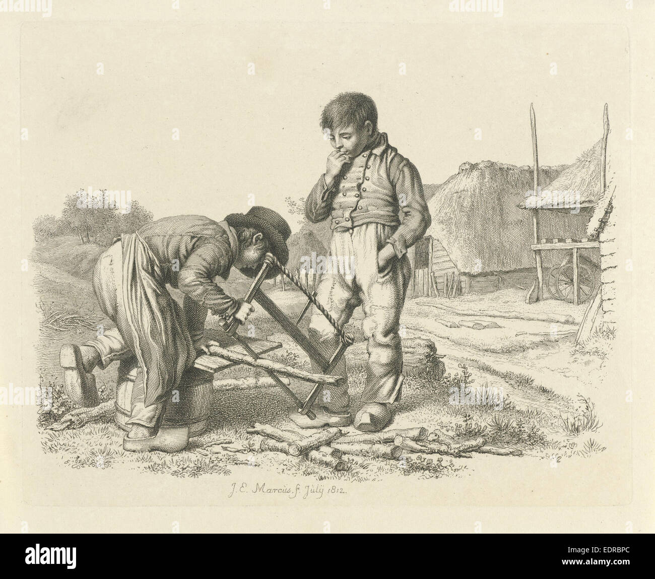 Sawing and a standing boy, Jacob Ernst Marcus, 1812 Stock Photo - Alamy