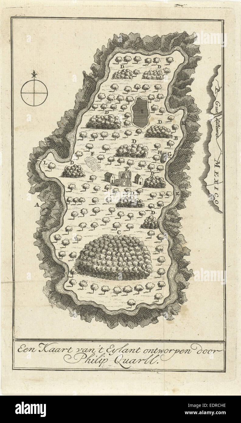 Map of the island Hermit Philip Quarll, Jan Daniel Beman, 1728 Stock ...