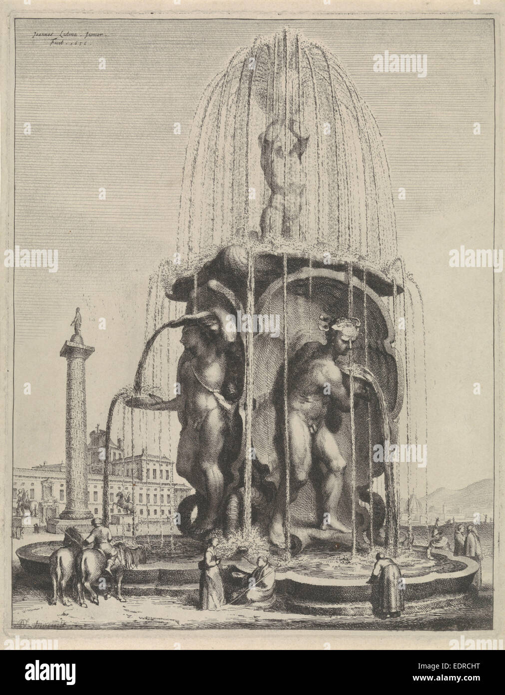 Fountain and Trajan's Column in Rome, Johannes Lutma (II), 1656 Stock ...