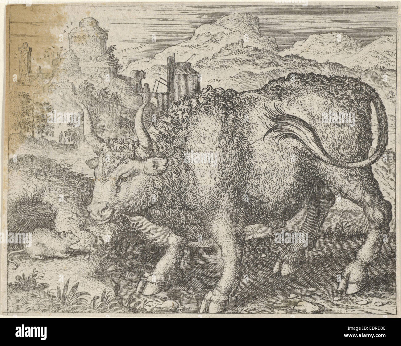 Fable of the bull and mouse, Aegidius Sadeler, 1608 Stock Photo - Alamy