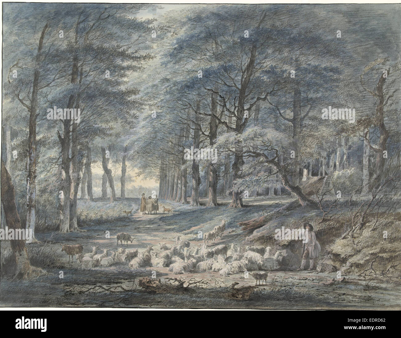 Forest scene with a shepherd and sheep, and three figures, Gerard van ...