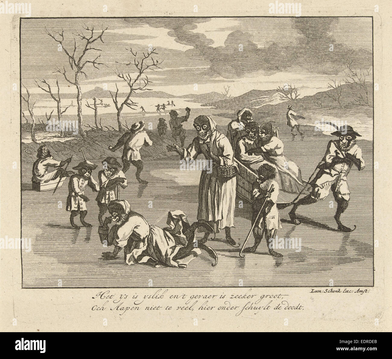 Monkeys on the ice, Leonard Schenk, 1720 Stock Photo - Alamy