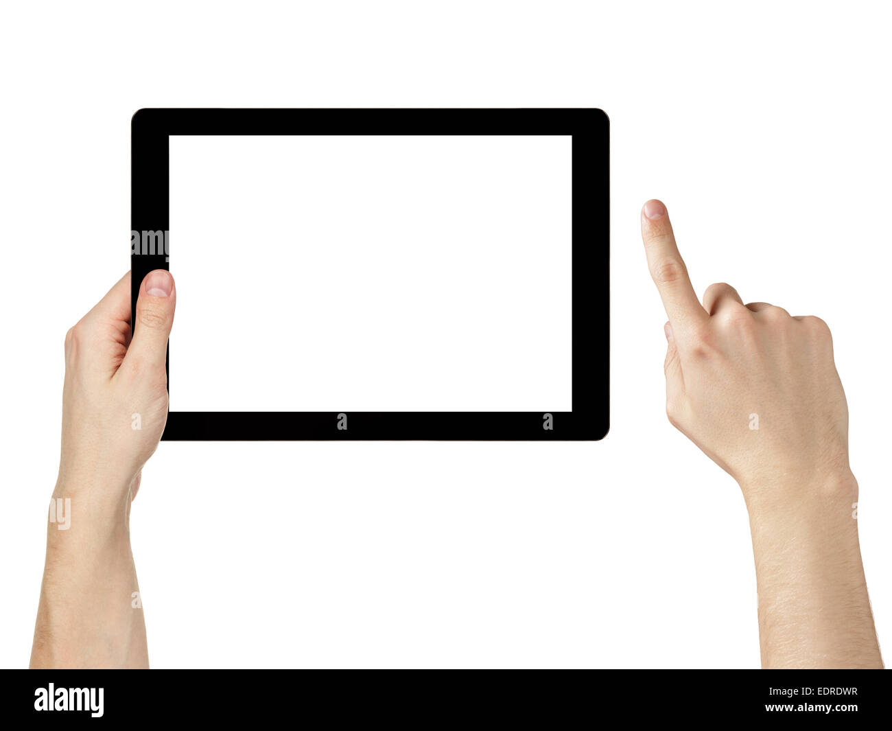 adult man hands using generic tablet pc with white screen, isolated on ...