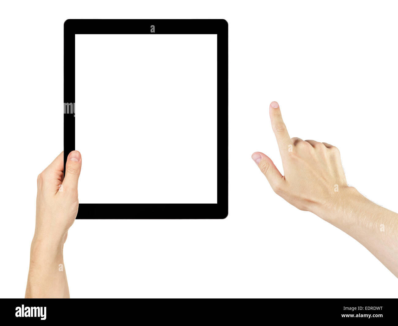 adult man hands using generic tablet pc with white screen, isolated on ...