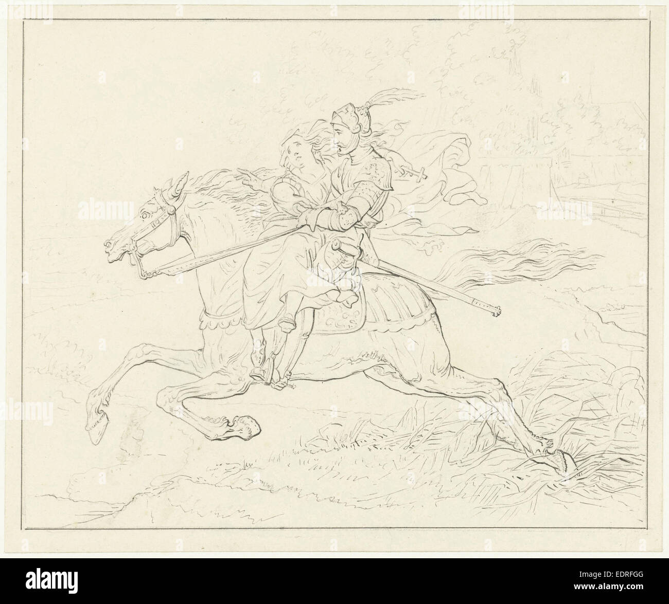 Knight with a woman on horseback, Louis Moritz, 1773 - 1850 Stock Photo ...