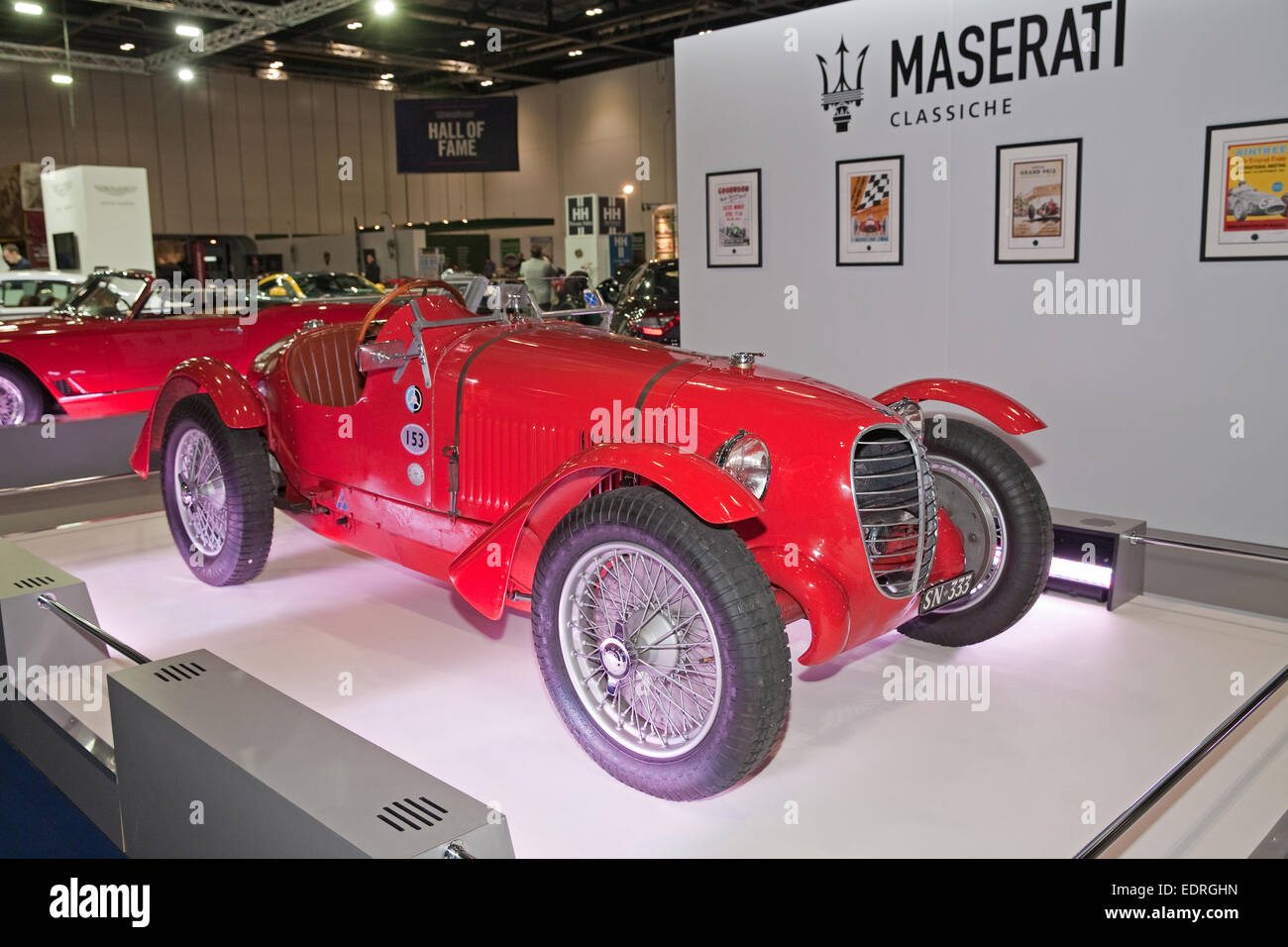 A red Maserati on show at the London Classic car show at the Excel ...