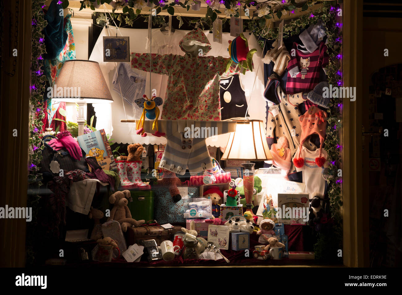 Window display at gift and souvenir shop selling toys, linens, lamps ...