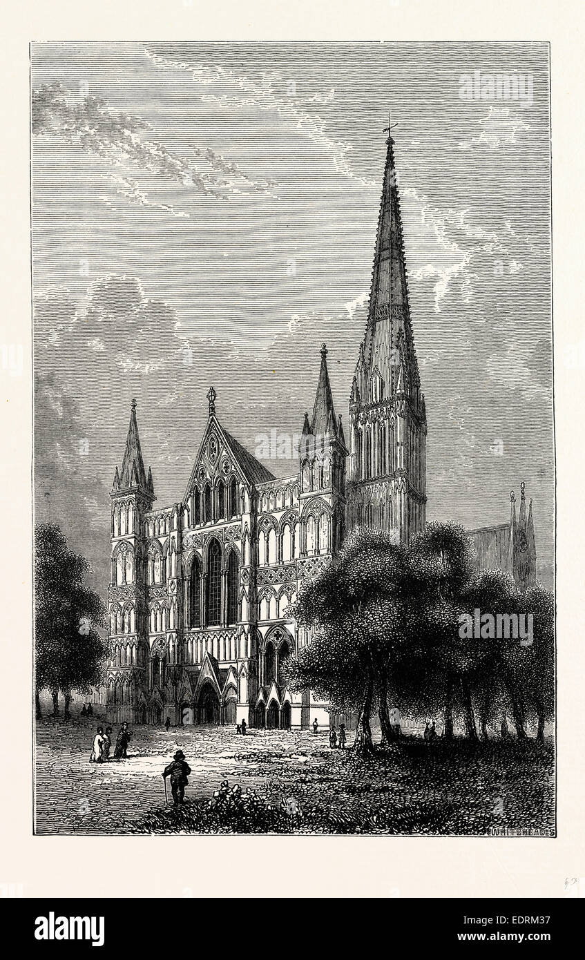 Salisbury Cathedral, UK, England, engraving 1870s, Britain Stock Photo ...