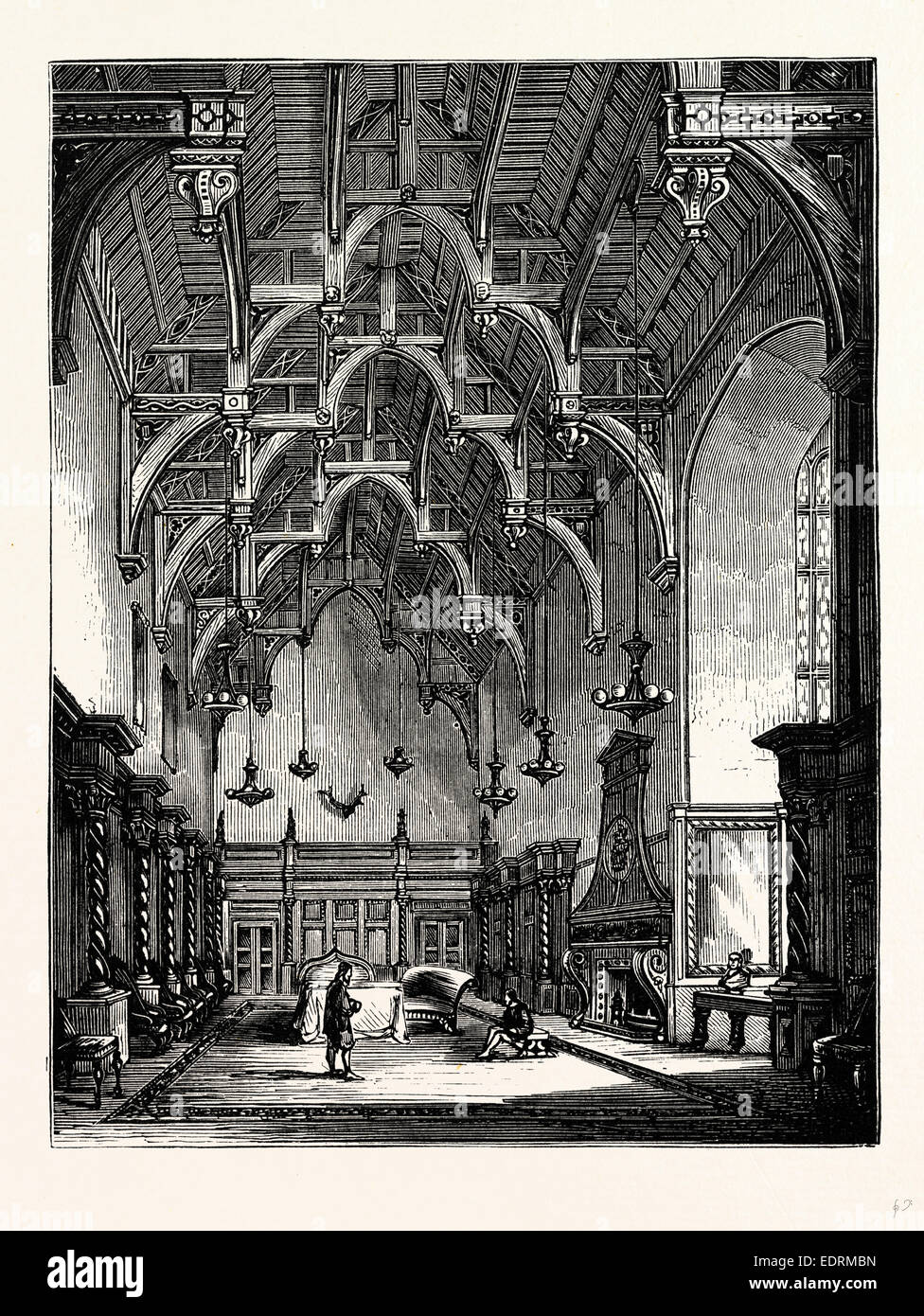 The Great Hall, Burleigh House, UK, England, engraving 1870s, Britain ...