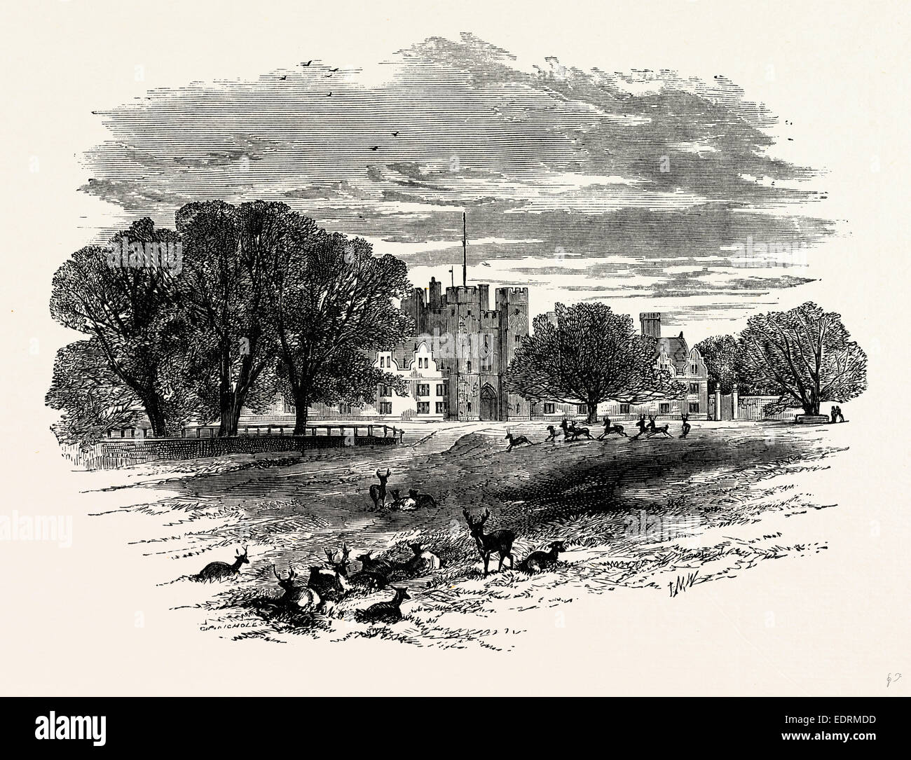 Front View from the Park, Knole House, UK, England, engraving 1870s ...