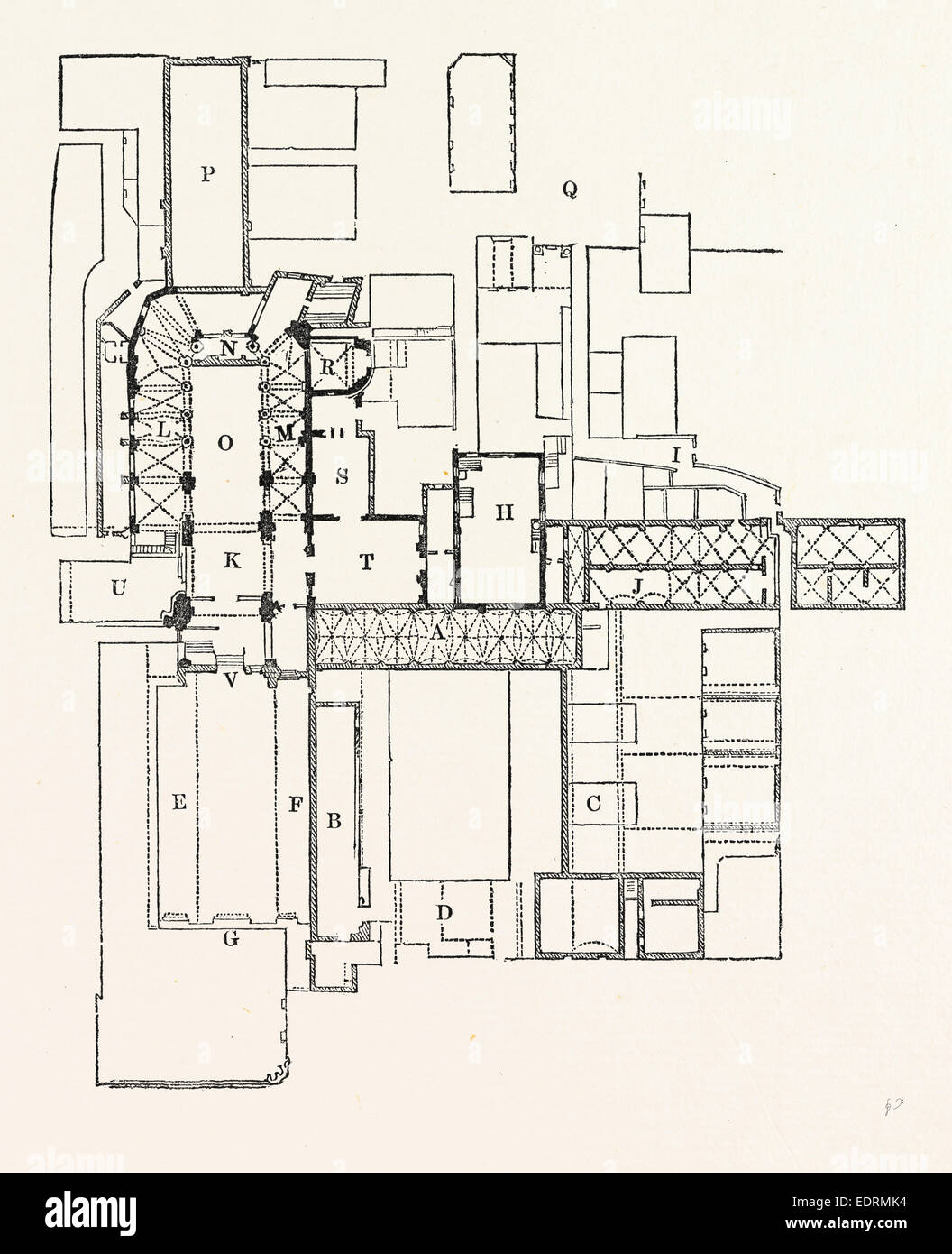 Plan Priory St. Bartholomew, London, England, engraving 19th century ...