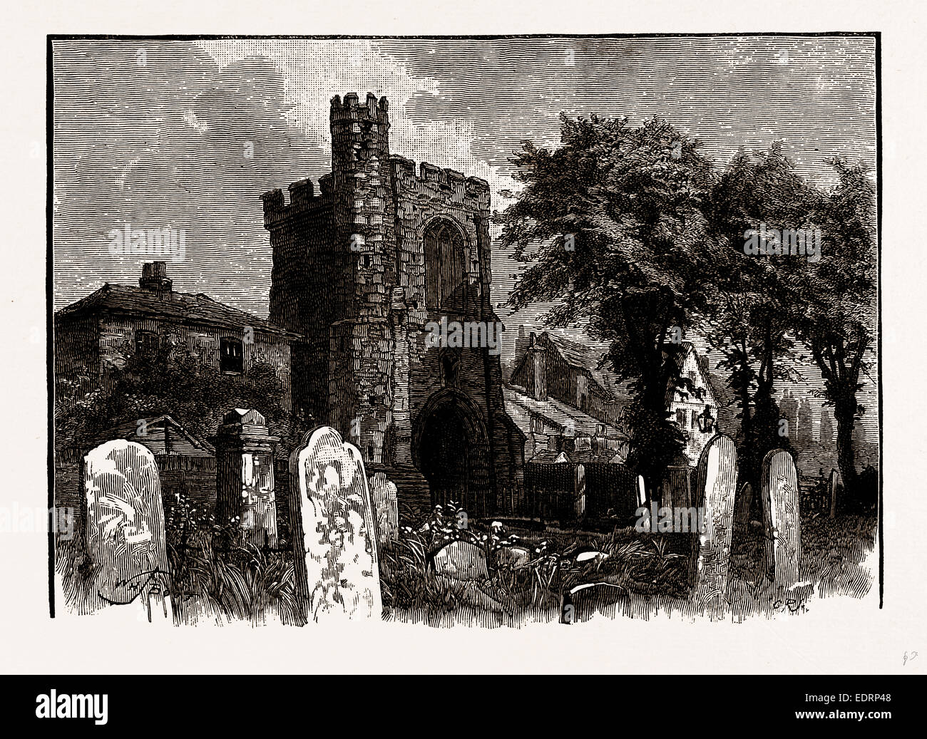 ANCIENT BELL TOWER, BARKING ABBEY, UK, engraving 1881 - 1884 Stock ...