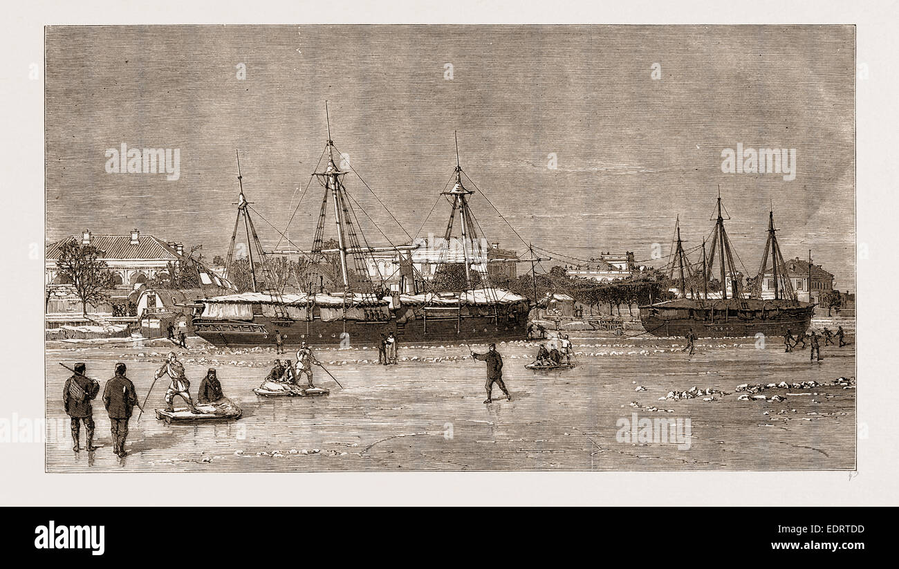H.M.S. "GROWLER" FROZEN IN AT TIENTSIN, PEIHO RIVER, CHINA, 1876 Stock ...