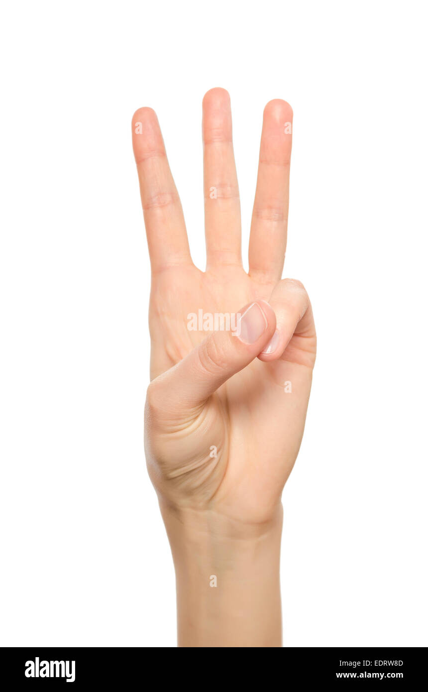 Woman hand showing three fingers Stock Photo - Alamy