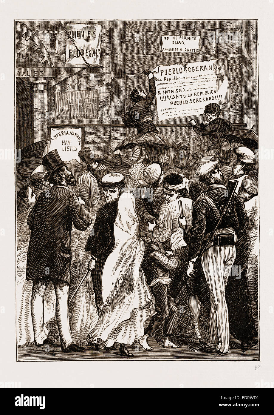 POSTING A REVOLUTIONARZ BILL, STREET SCENE IN MADRID SPAIN 1873 Stock ...