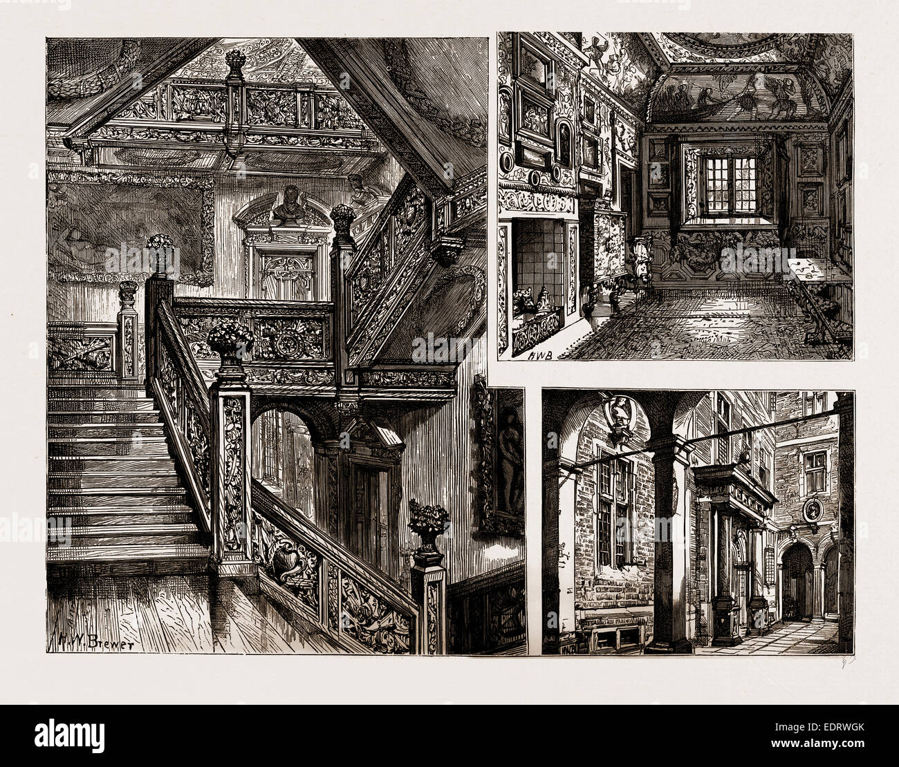 HAM HOUSE, NEAR RICHMOND, UK, 1886: GRAND STAIRCASE, THE BOUDOIR ...