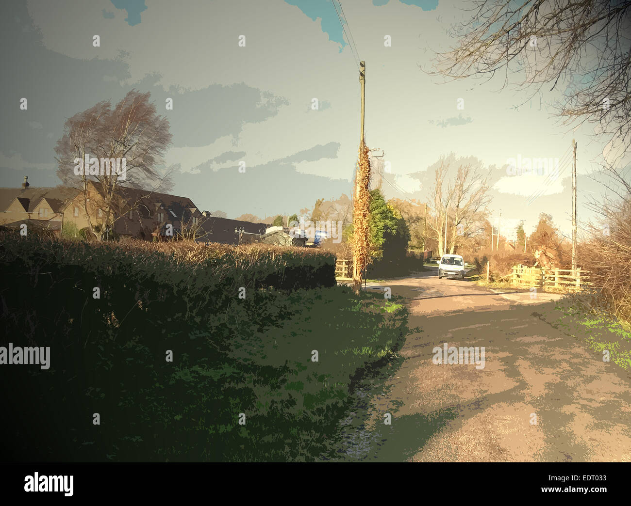 Malthouse Lane in Hatton, T-road Looking north towards the A50, UK, art ...