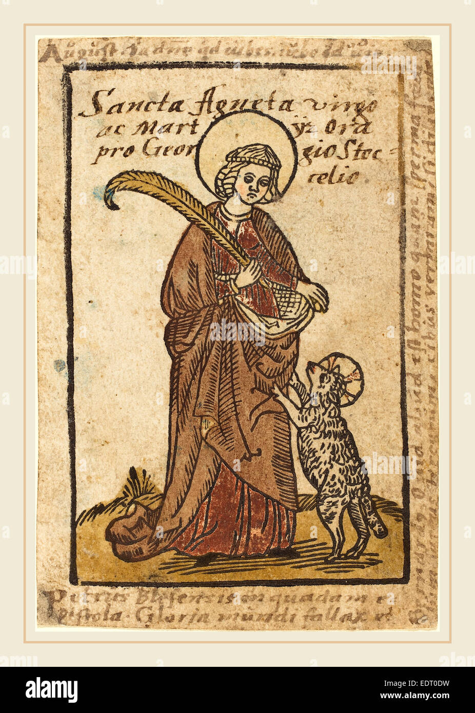 German 15th Century, Saint Agnes, c. 1490, hand-colored woodcut with ...