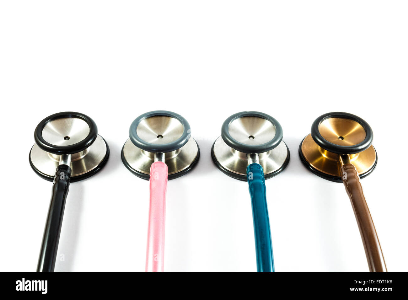 colorful stethoscopes line on white background (isolated) and blank ...