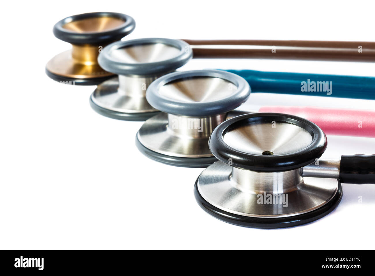 colorful stethoscopes line on white background (isolated) and blank ...
